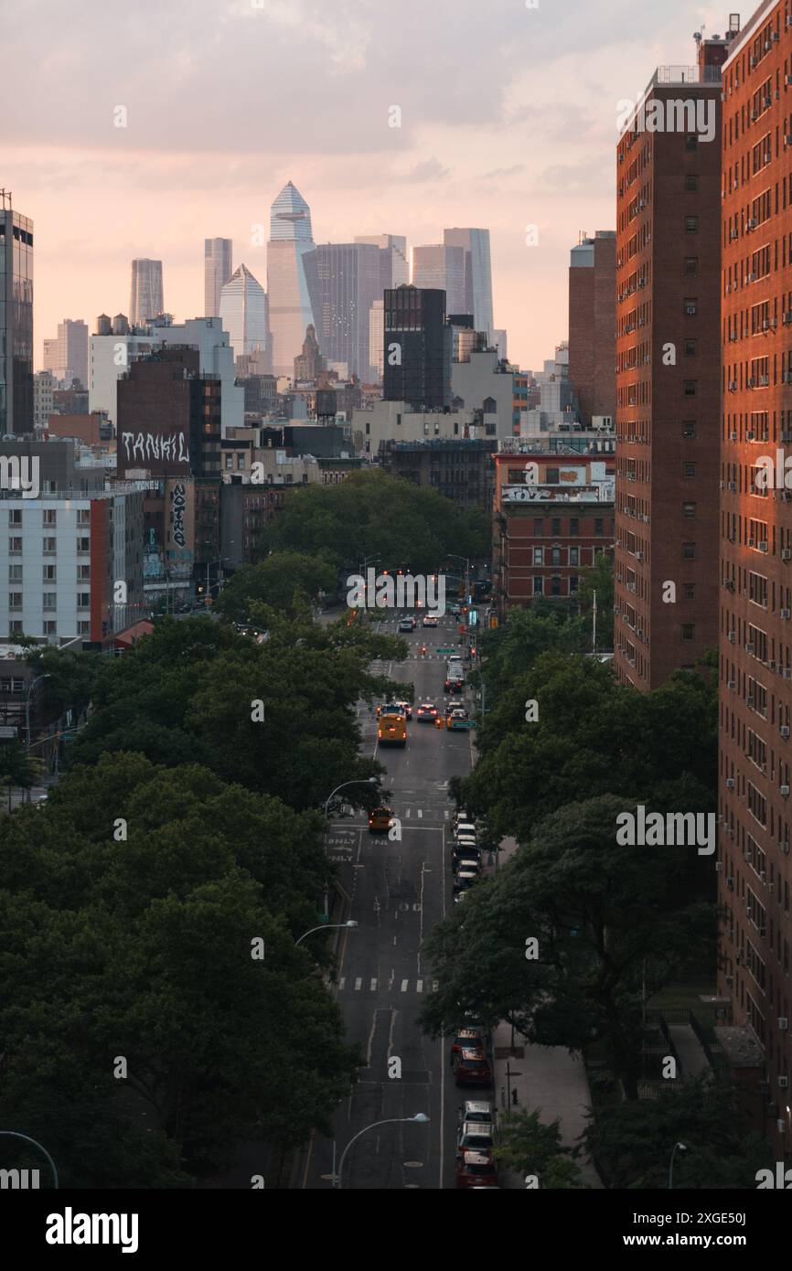 Looking up Pike Street toward the Hudson Yards skyscrapers from the ...