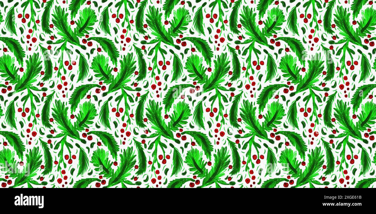 Modern christmas foliage fir branch border in traditional red green ...