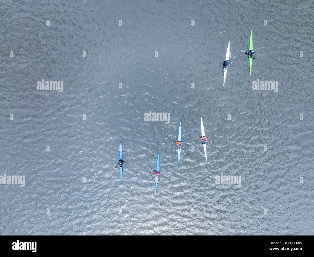 Kayaking top view. Group of kayaks rowing. Kayaks float on the river ...