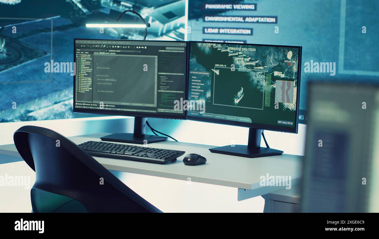 Government anti terrorism control center equipped with a big display ...