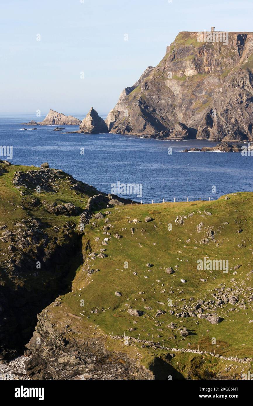 Sheep grazing on rugged coastal headland in County Donegal with sea ...