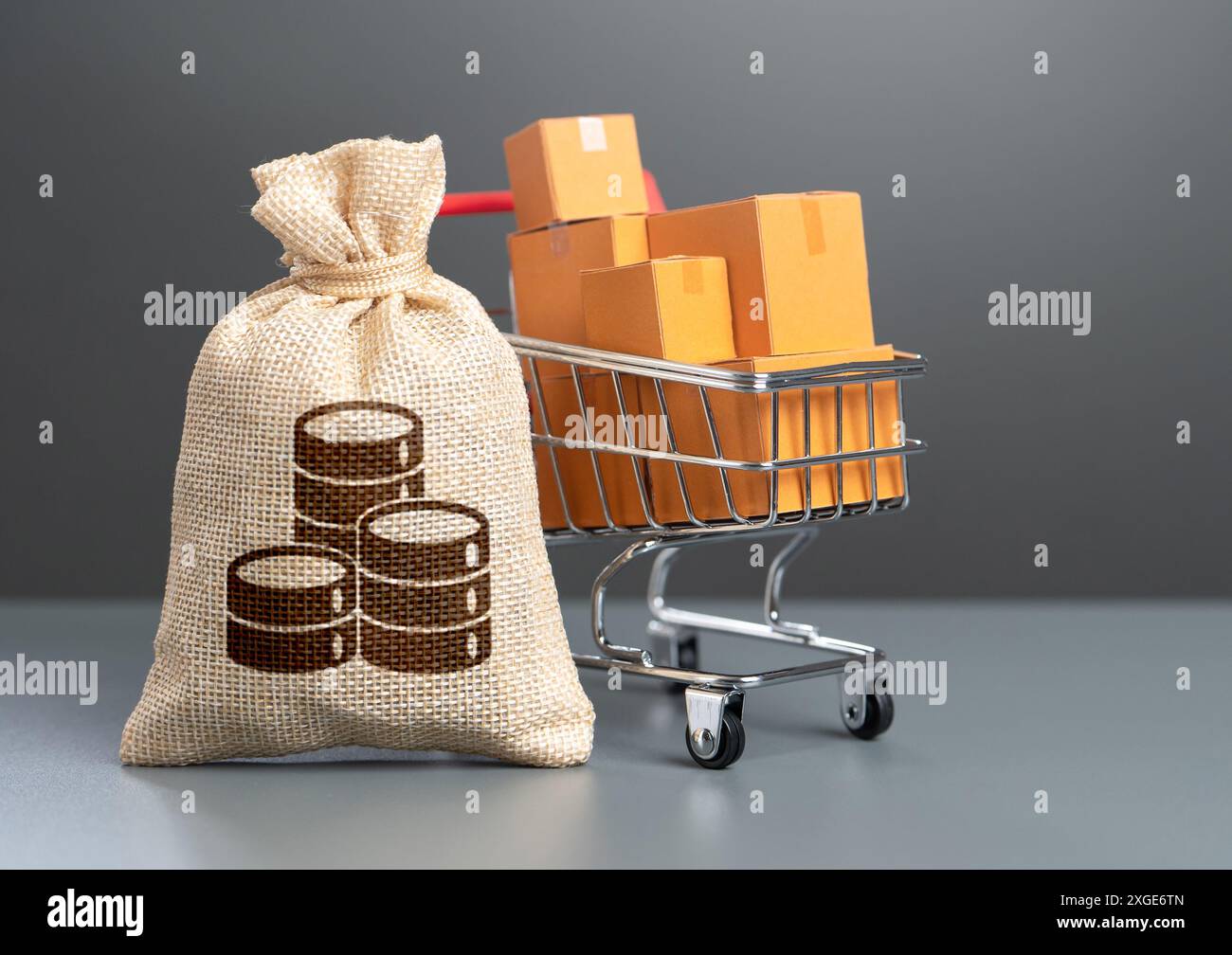 Money bag and cart with goods. Consumer basket. Prices and inflation ...