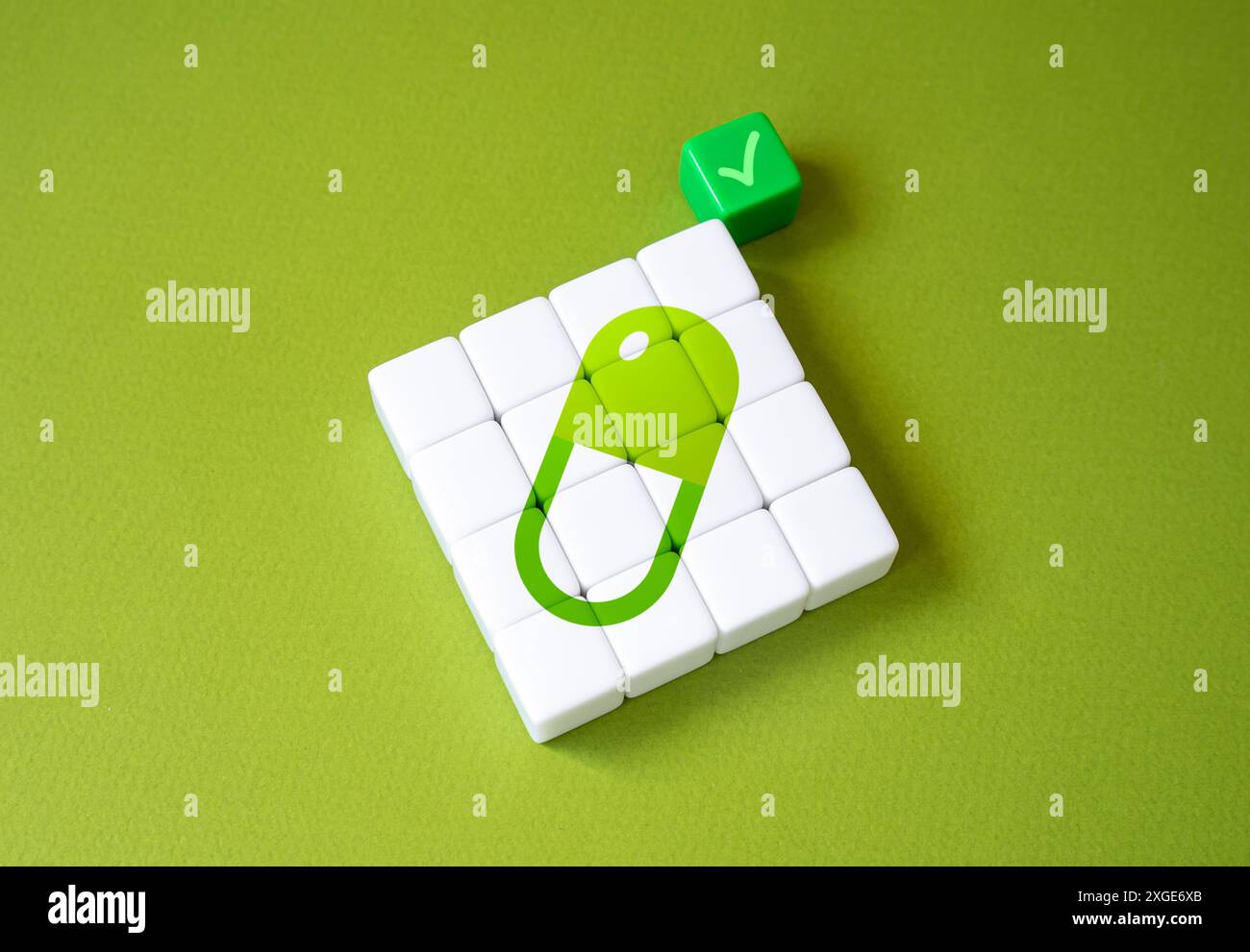Medical capsule tablet and green tick. Medicine approved for use ...