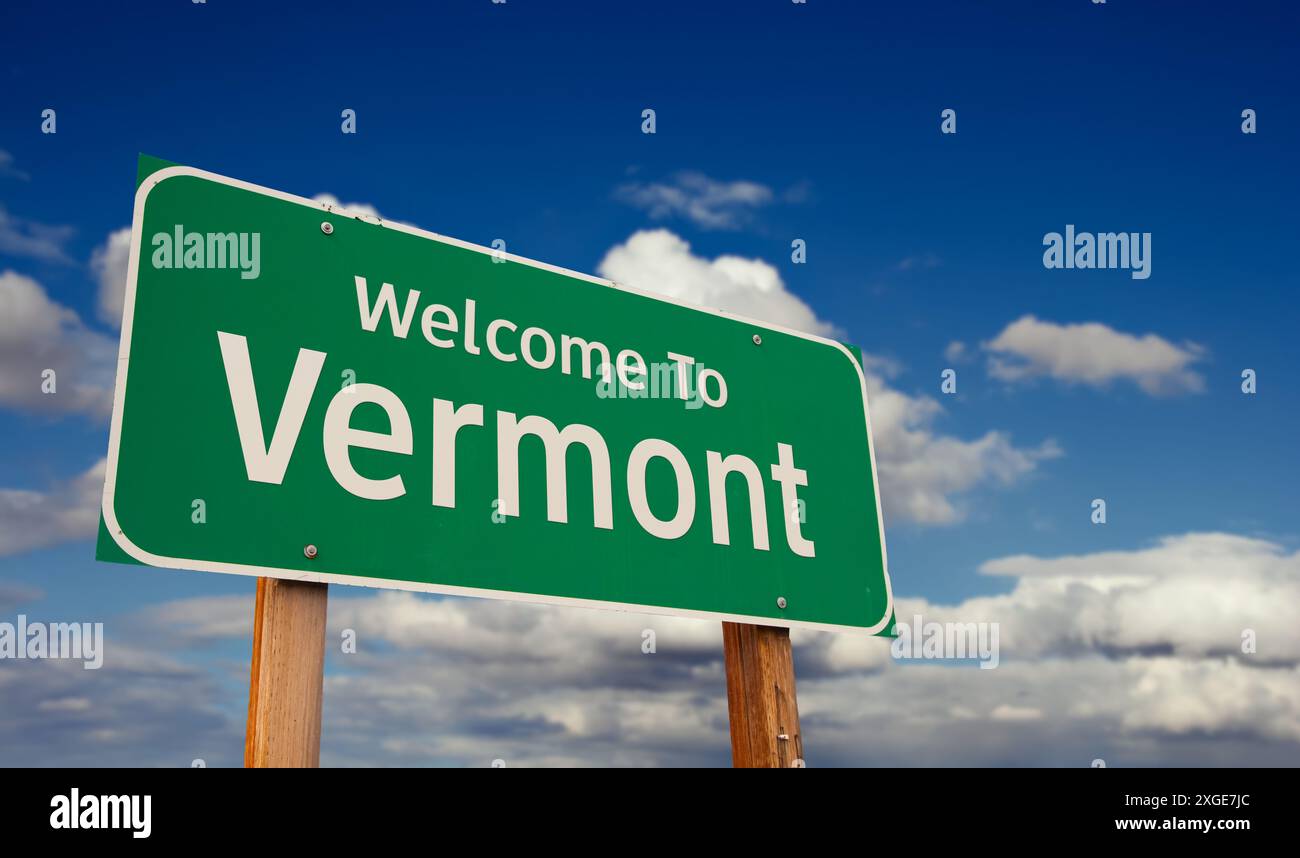 Welcome To Vermont Green Road Sign Over Blue Sky with Some Clouds Stock ...