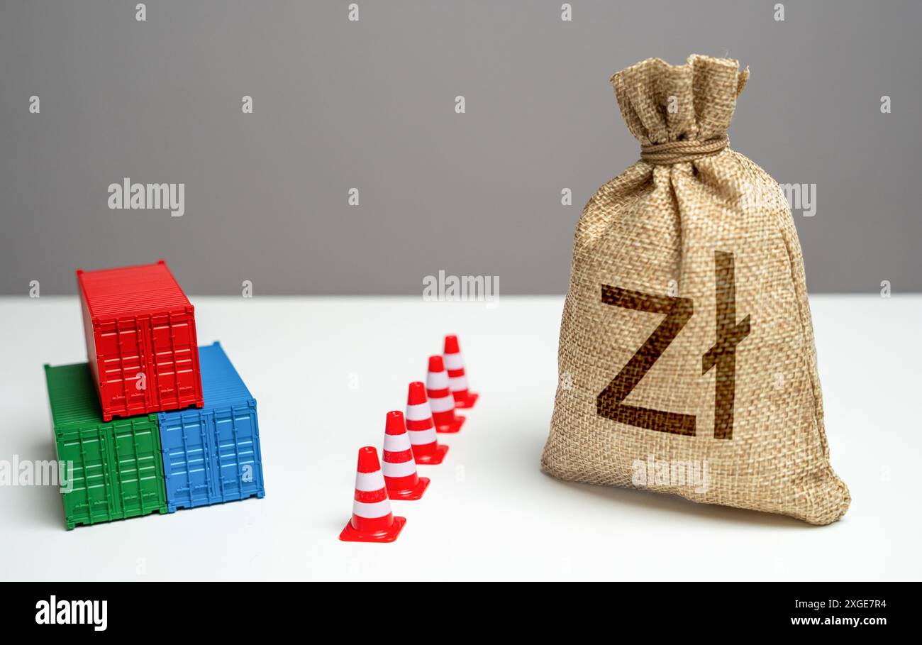 Stack of shipping containers and polish zloty money bag. Trade ...