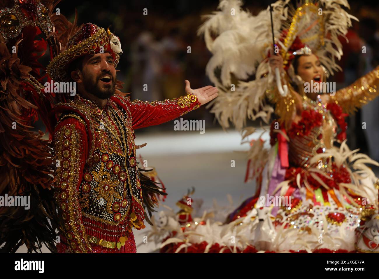 Members of Boi Garantido bumba group perform at Bumbodromo on the 57th ...