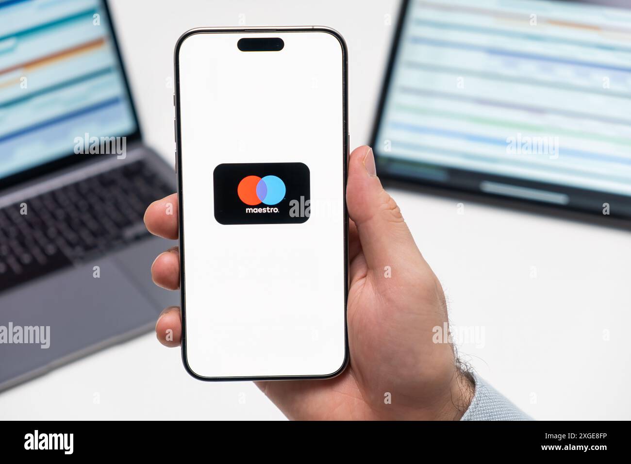 PRAGUE, CZECH REPUBLIC - JANUARY 21 2024: Mastercard logo on the screen ...