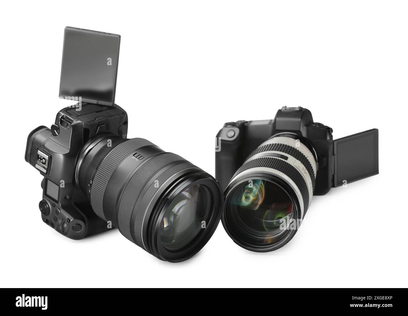 Modern cameras isolated on white. Photographer's equipment Stock Photo ...