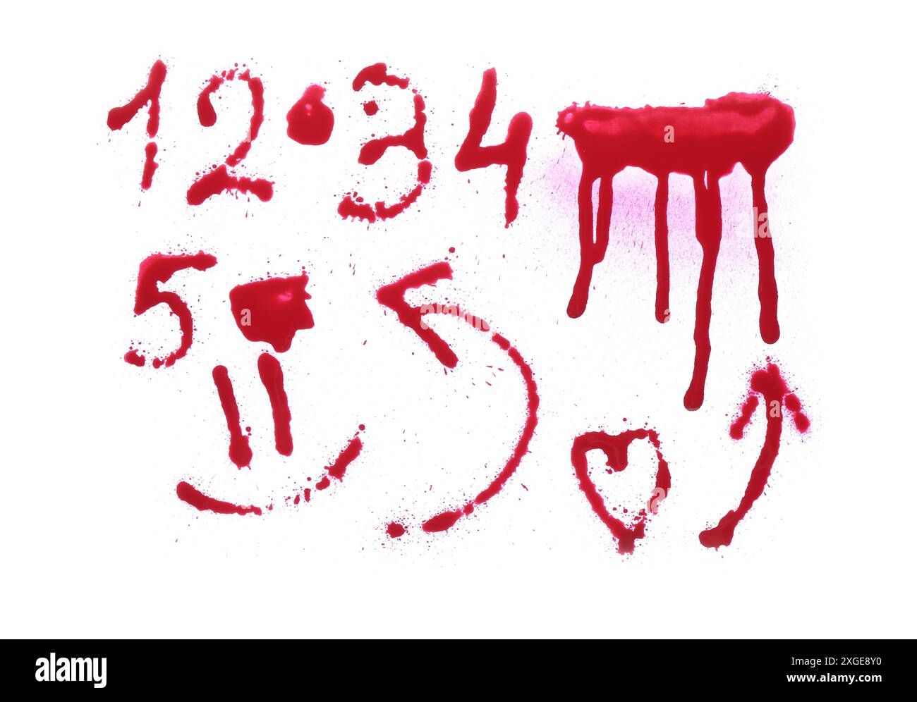 Different symbols made with red spray paint isolated on white, top view ...