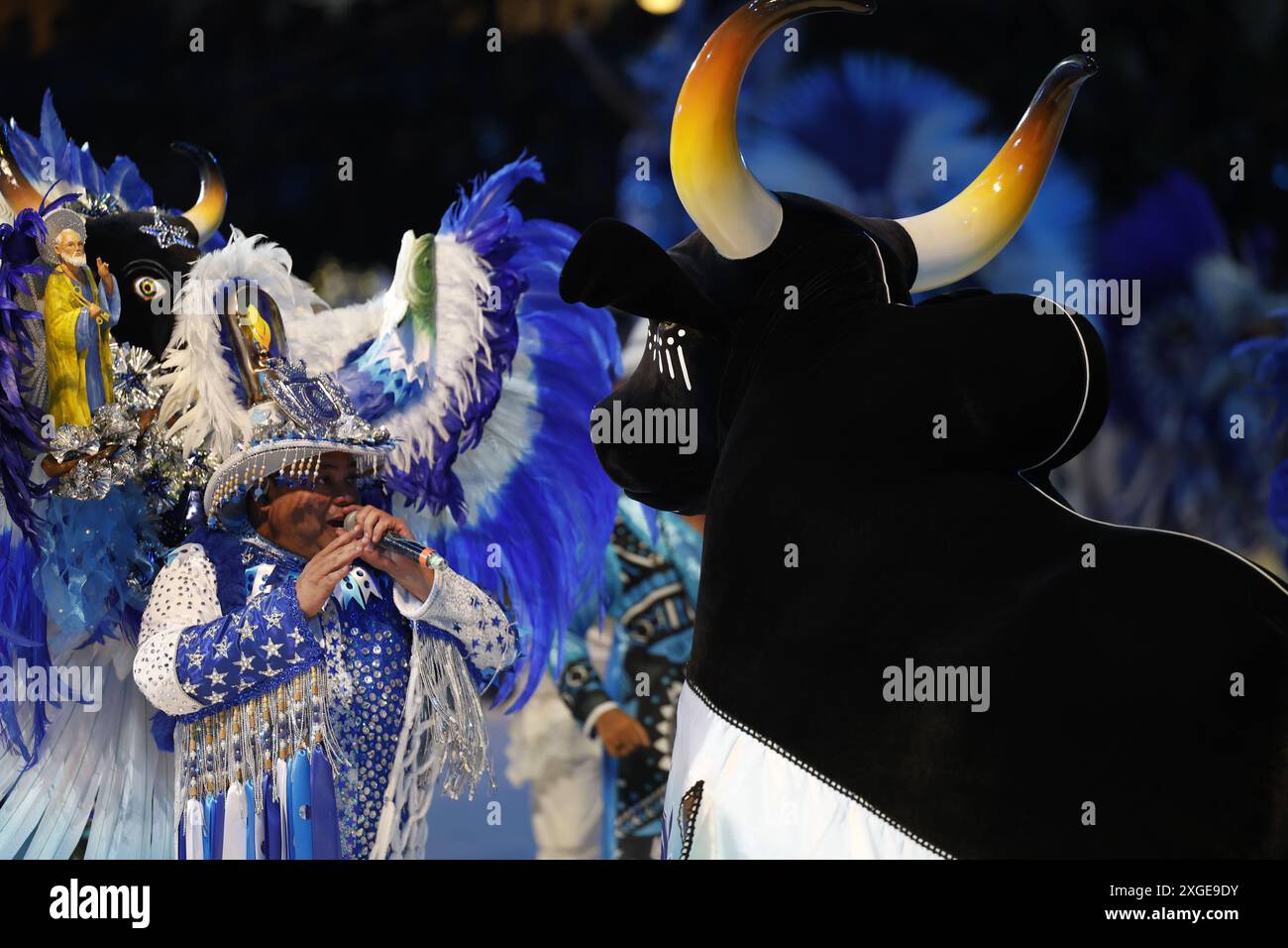 Members of Boi Caprichoso bumba group perform at Bumbodromo on the 57th ...