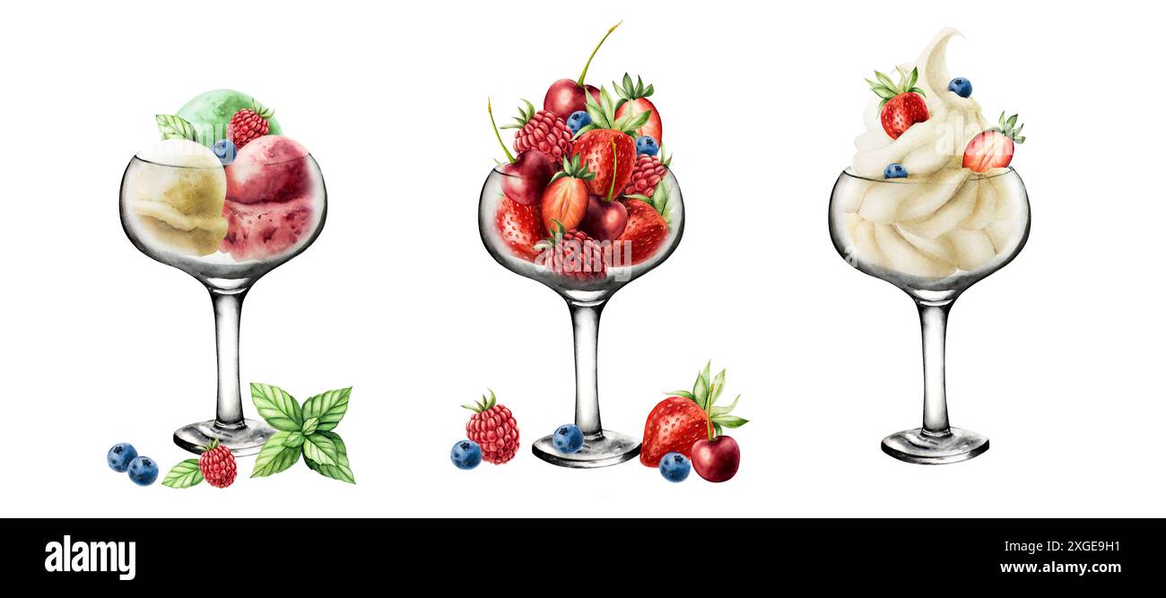 Glass bowls with scoops of vanilla, pistachio, mint, apple, strawberry ...