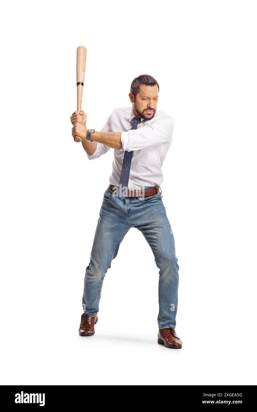 Angry man hitting with a baseball bat isolated on white background ...