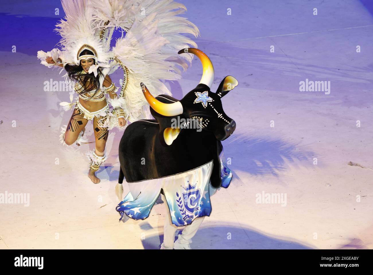 Members of Boi Caprichoso bumba group perform at Bumbodromo on the 57th ...