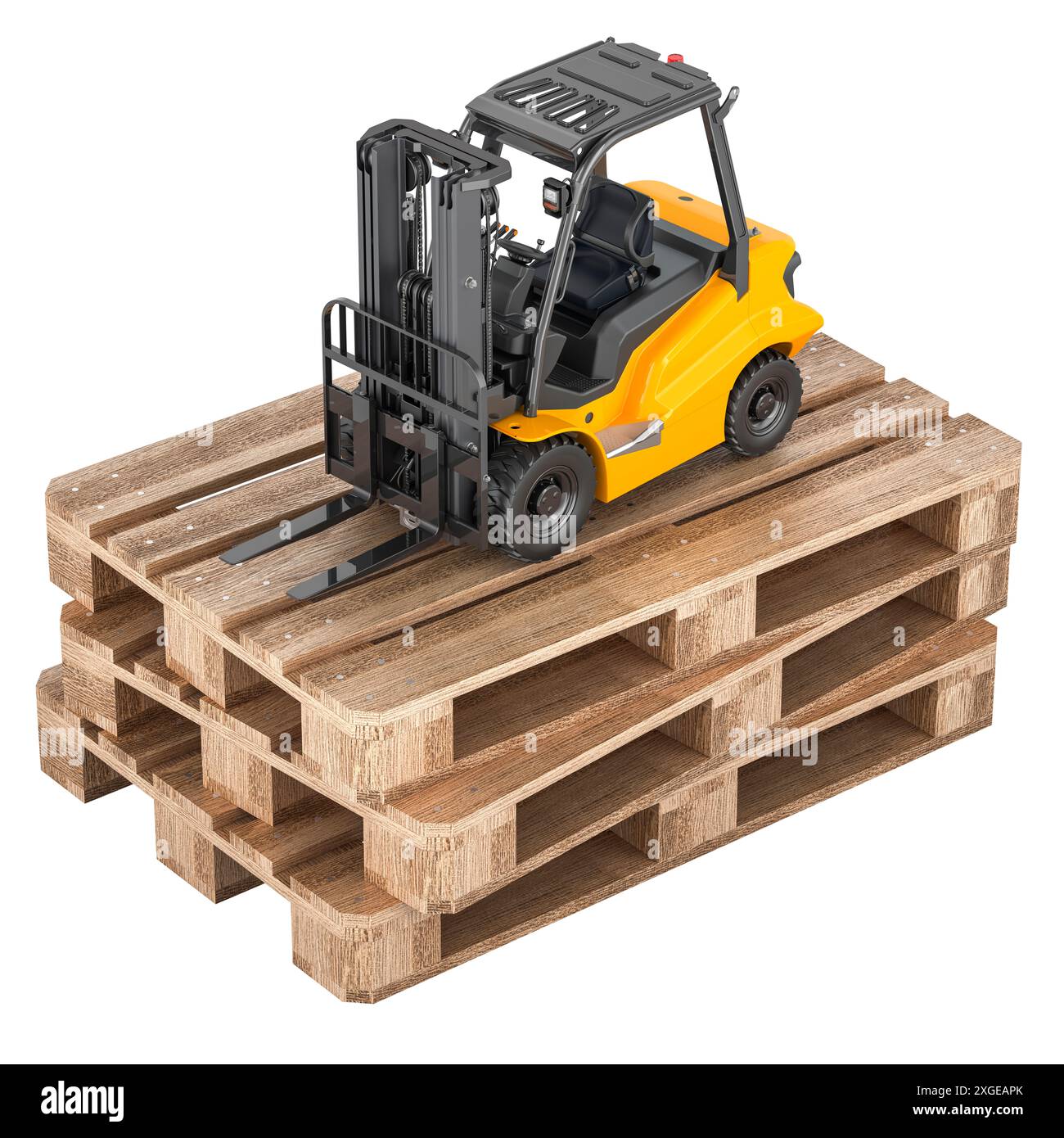 Forklift truck on the wooden pallets. 3D rendering isolated on white background Stock Photo - Alamy