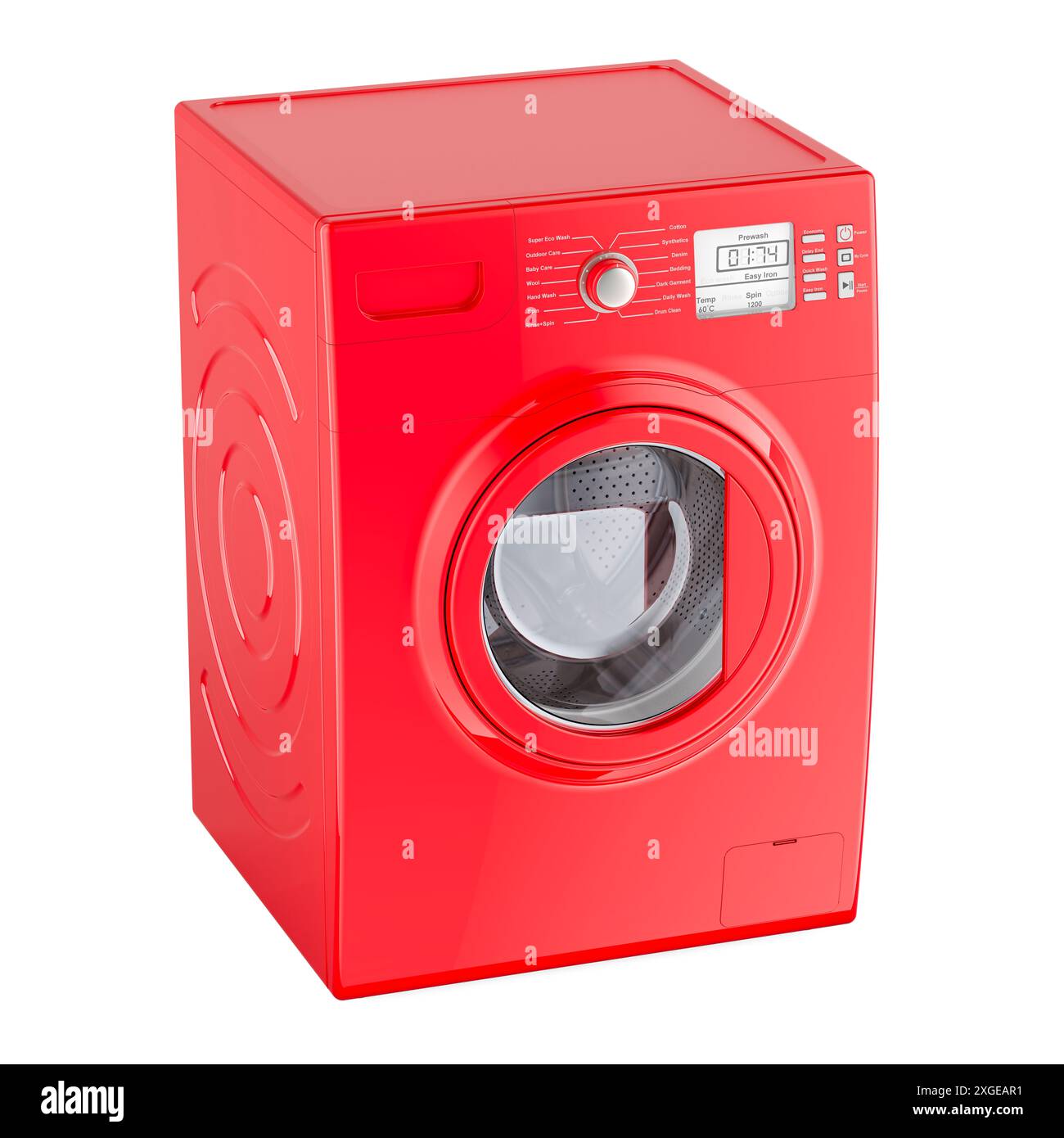 Washing machine, red color. 3D rendering isolated on white background ...