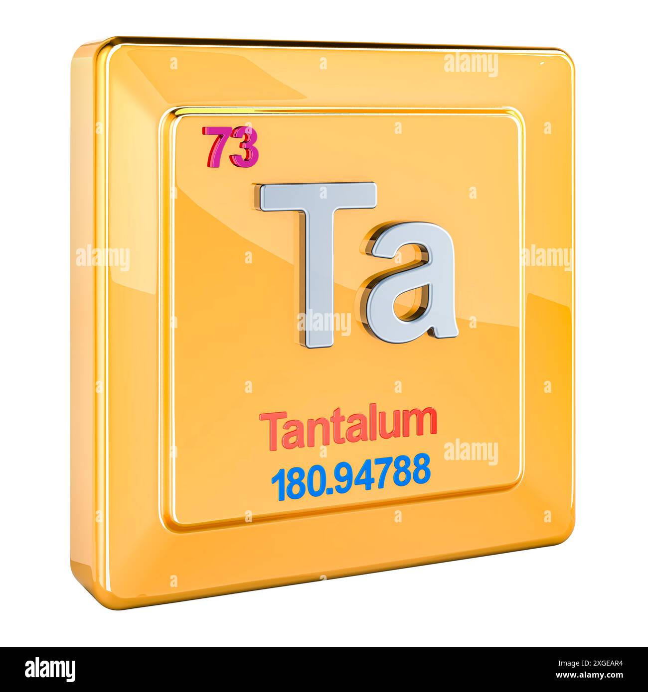 Tantalum Ta, chemical element sign with number 73 in periodic table. 3D ...