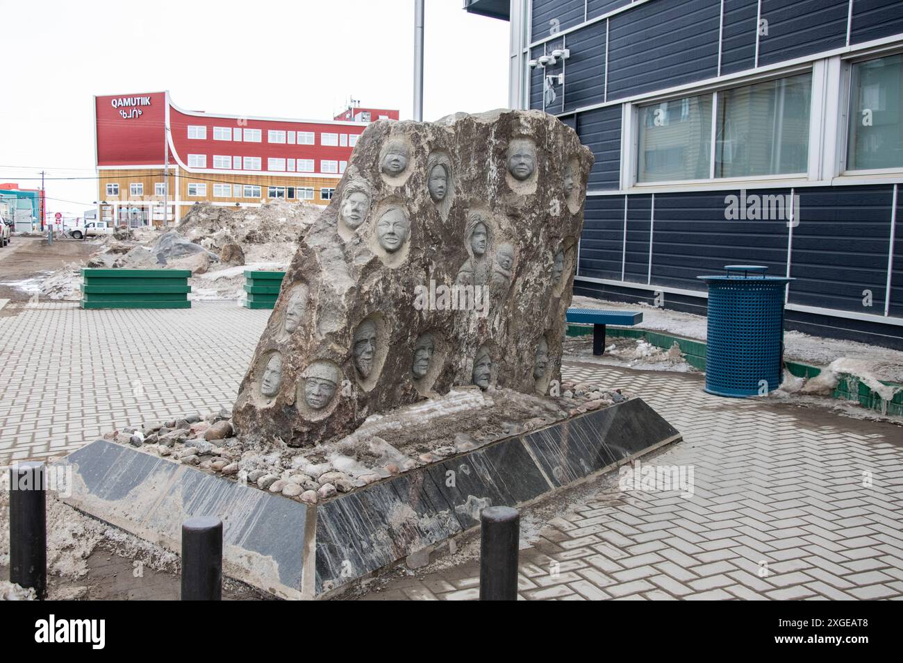 Inuit stone carving sculpture of faces on Federal Road, in Iqaluit ...