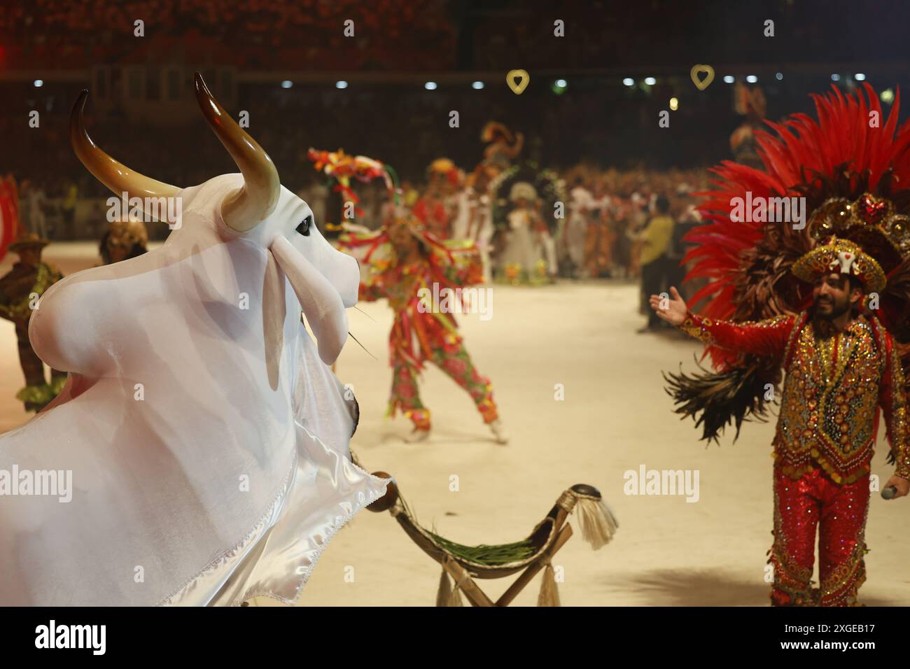 Members of Boi Garantido bumba group perform at Bumbodromo on the 57th ...