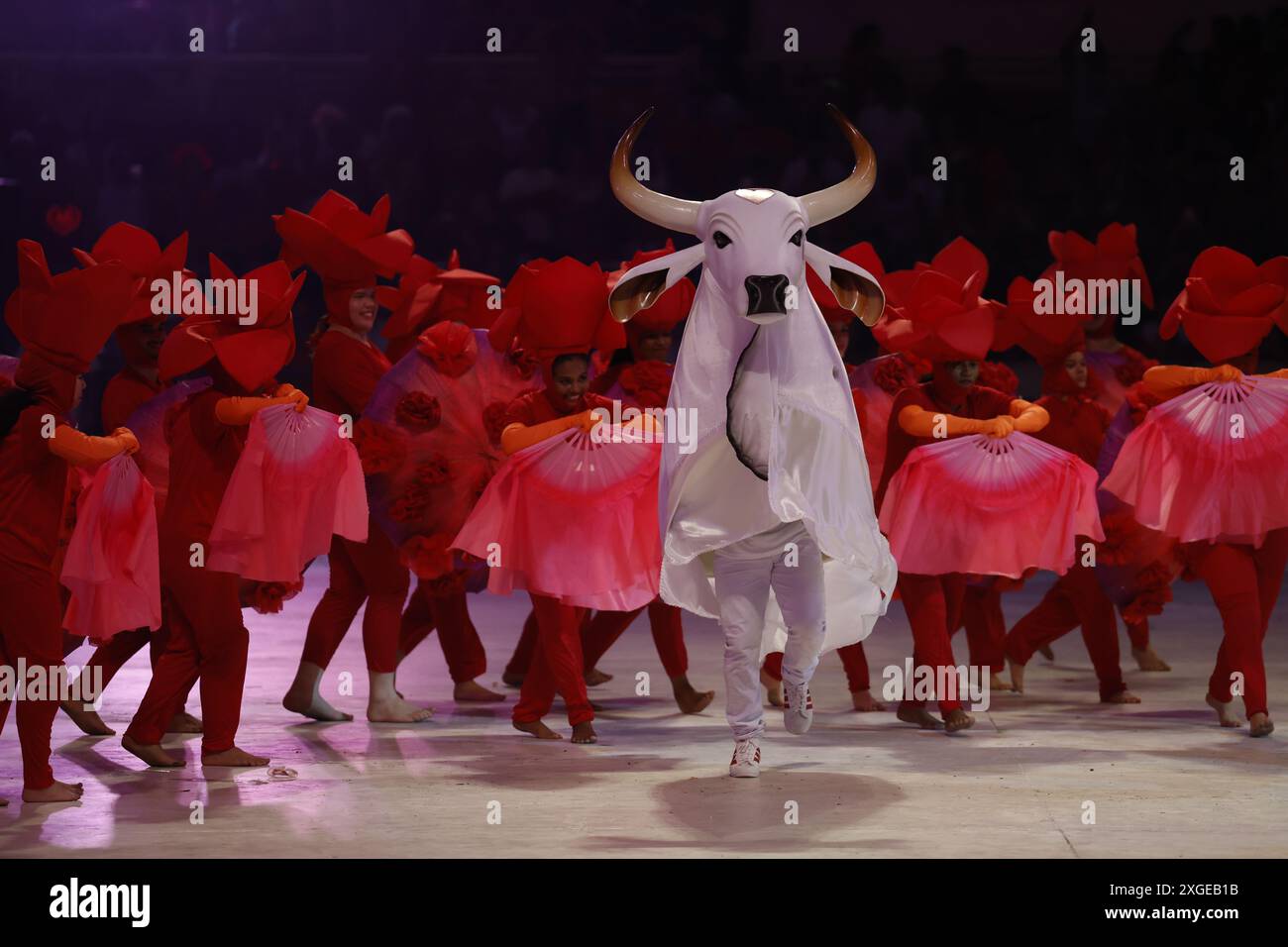 Members of Boi Garantido bumba group perform at Bumbodromo on the 57th ...