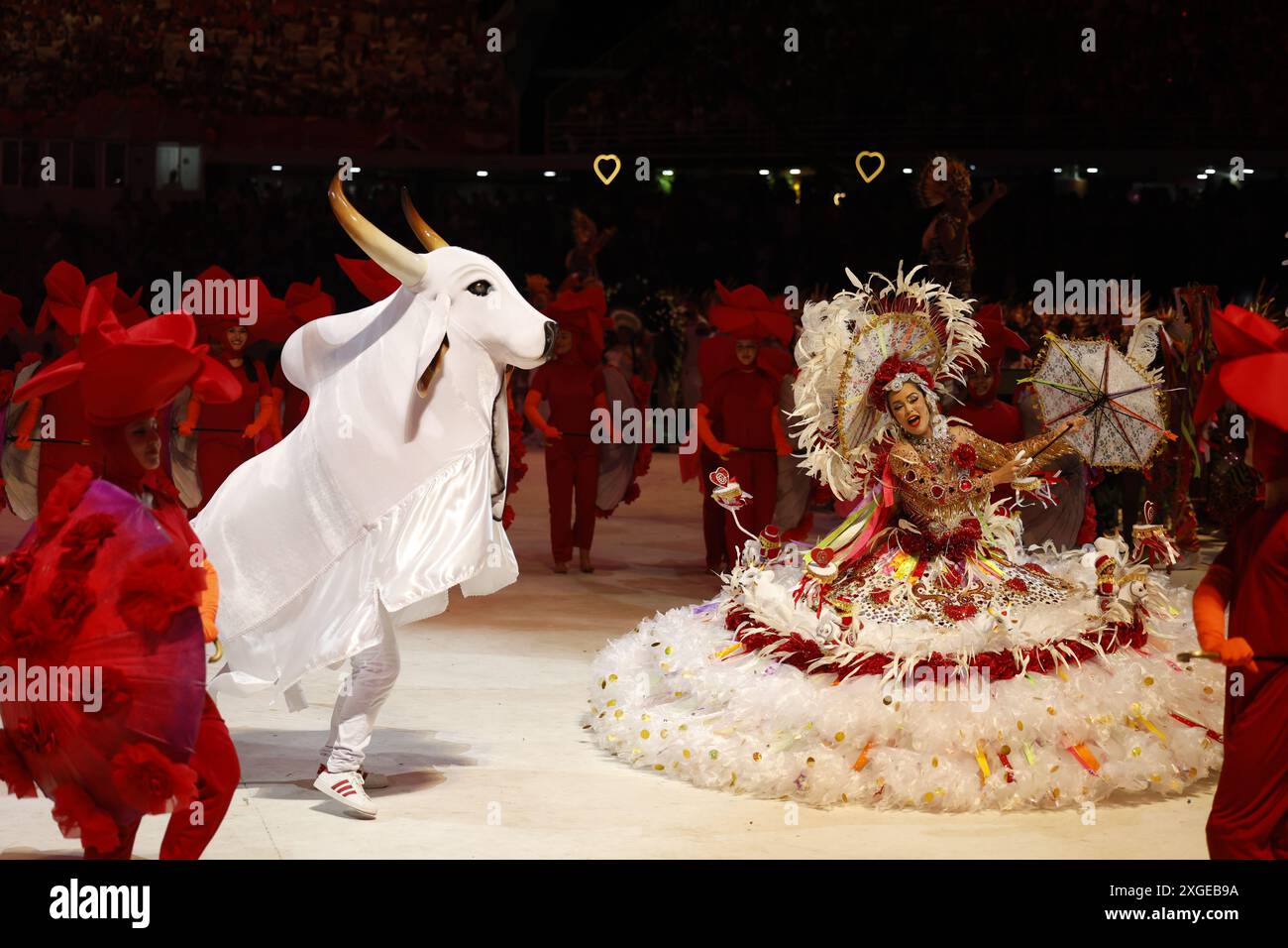 Members of Boi Garantido bumba group perform at Bumbodromo on the 57th ...