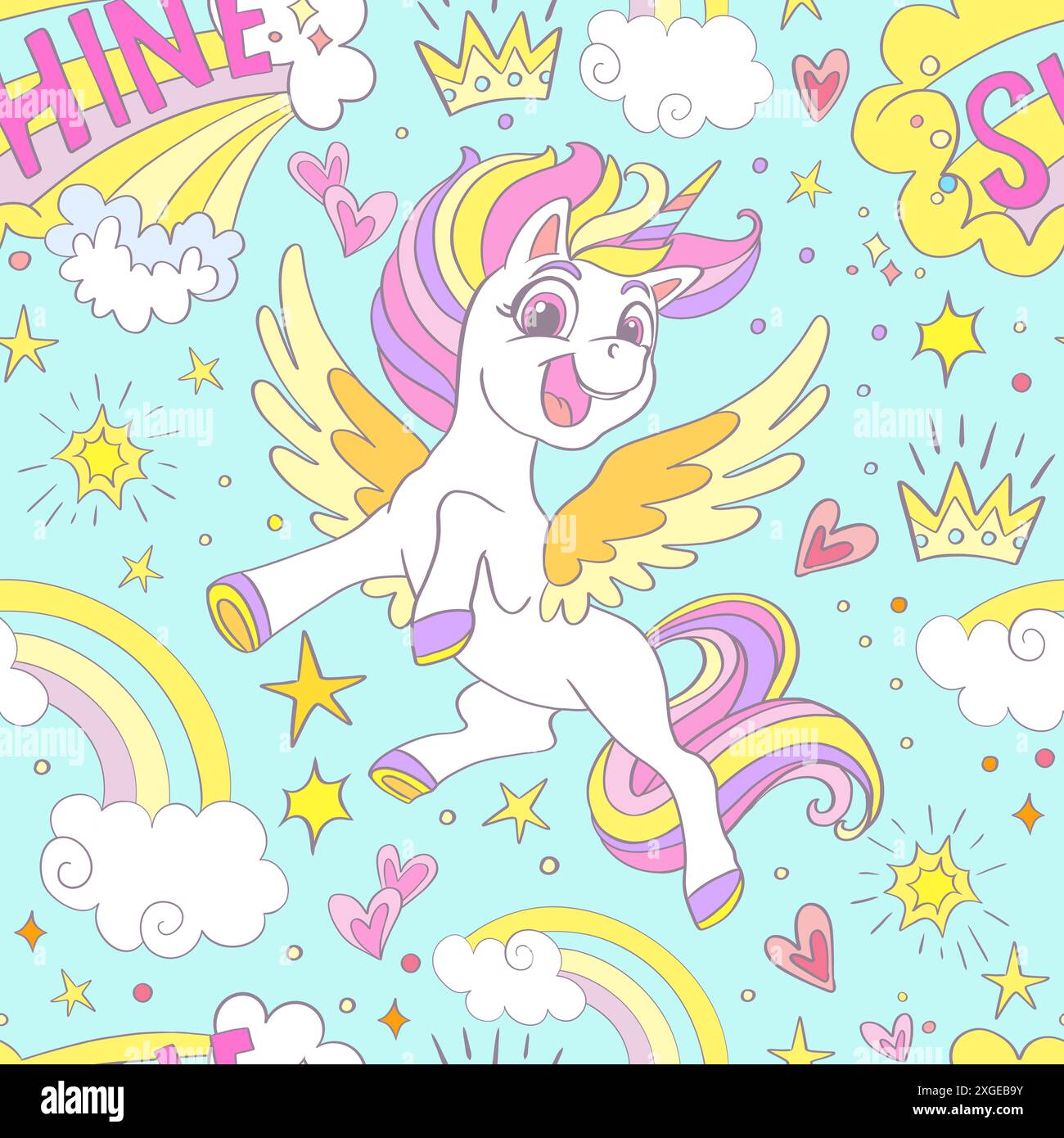Happy unicorns with wings, rainbow and lettering Shine. Seamless pattern. Vector cartoon ...
