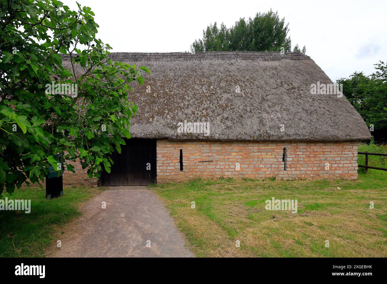 One of the thatched roof mediaeval building at Cosmeston Lakes and ...