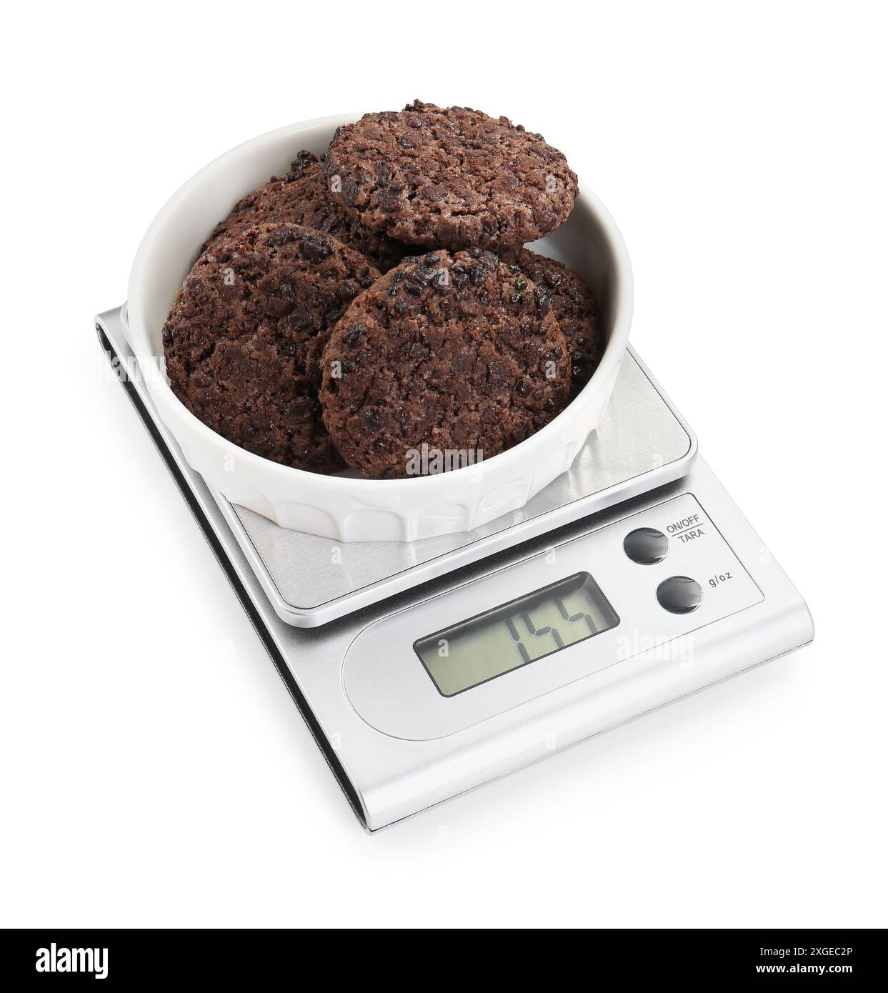 Kitchen scale with bowl of chocolate cookies isolated on white Stock ...