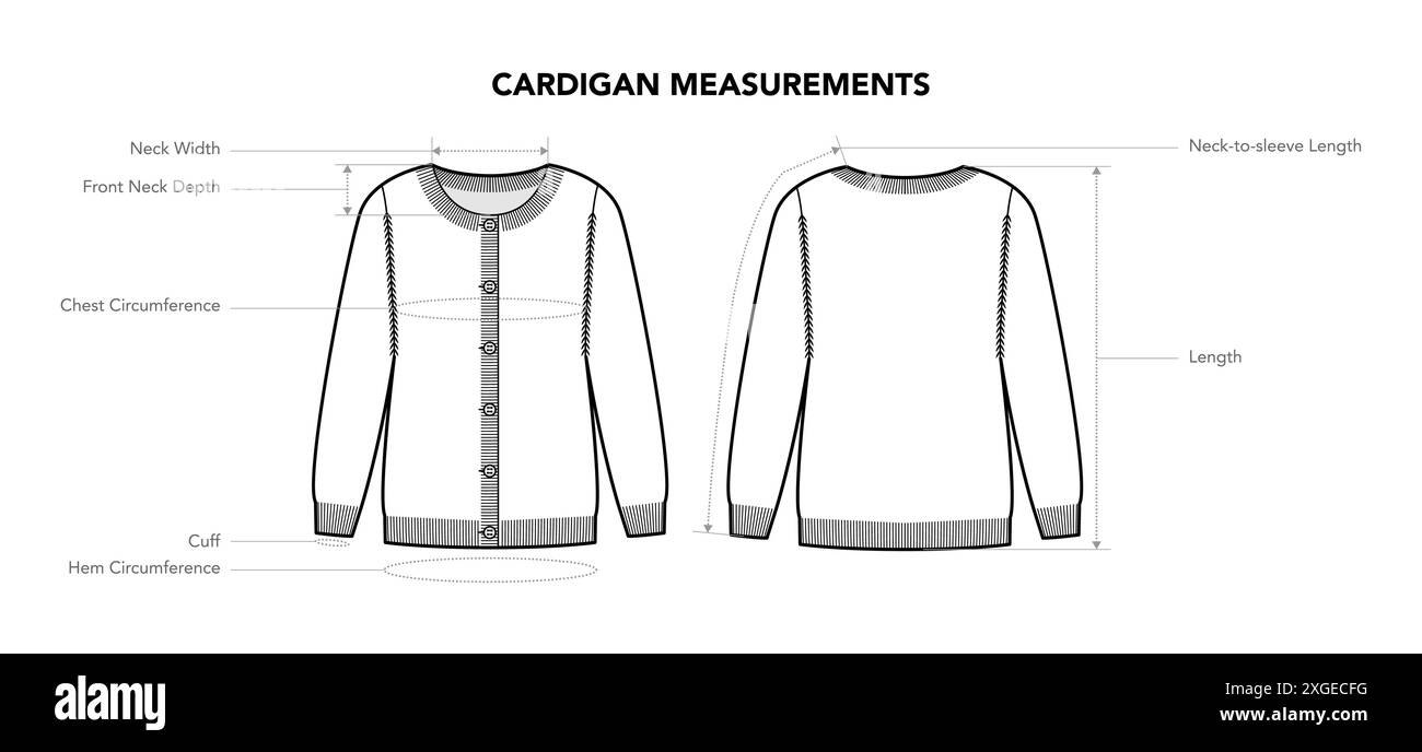 Cardigan measurements diagram with names - Width, Circumference line ...