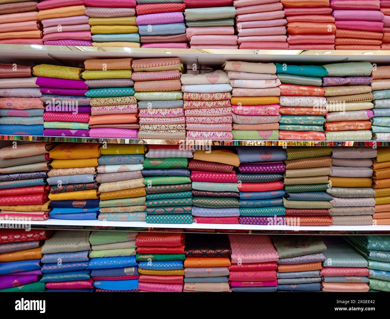 Interior of an Indian silk store with an assortment of Kanchipuram Silk ...