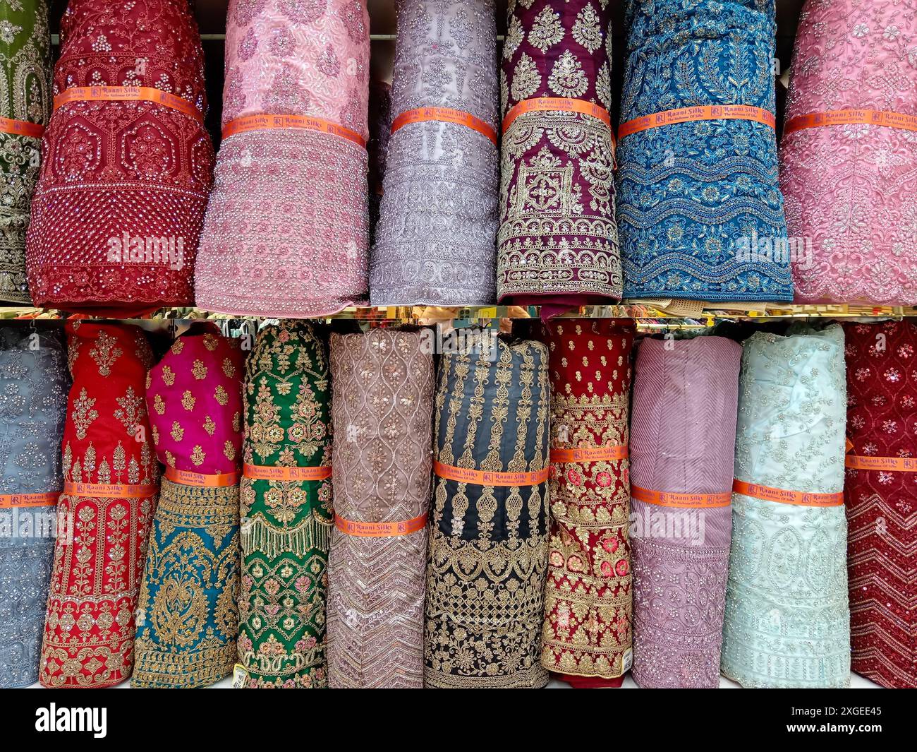 Interior of an Indian silk store with an assortment of Kanchipuram Silk ...