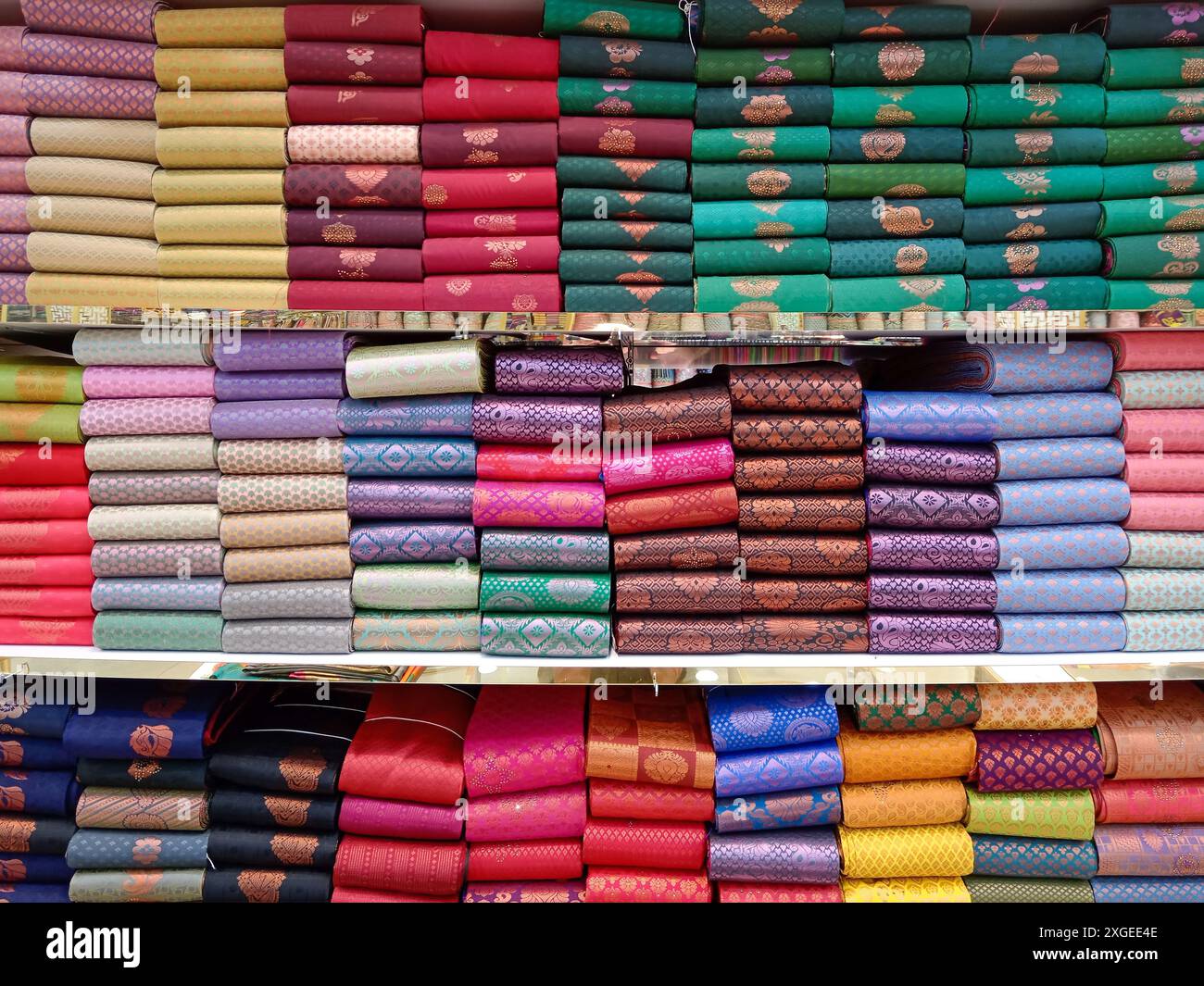 Interior of an Indian silk store with an assortment of Kanchipuram Silk ...