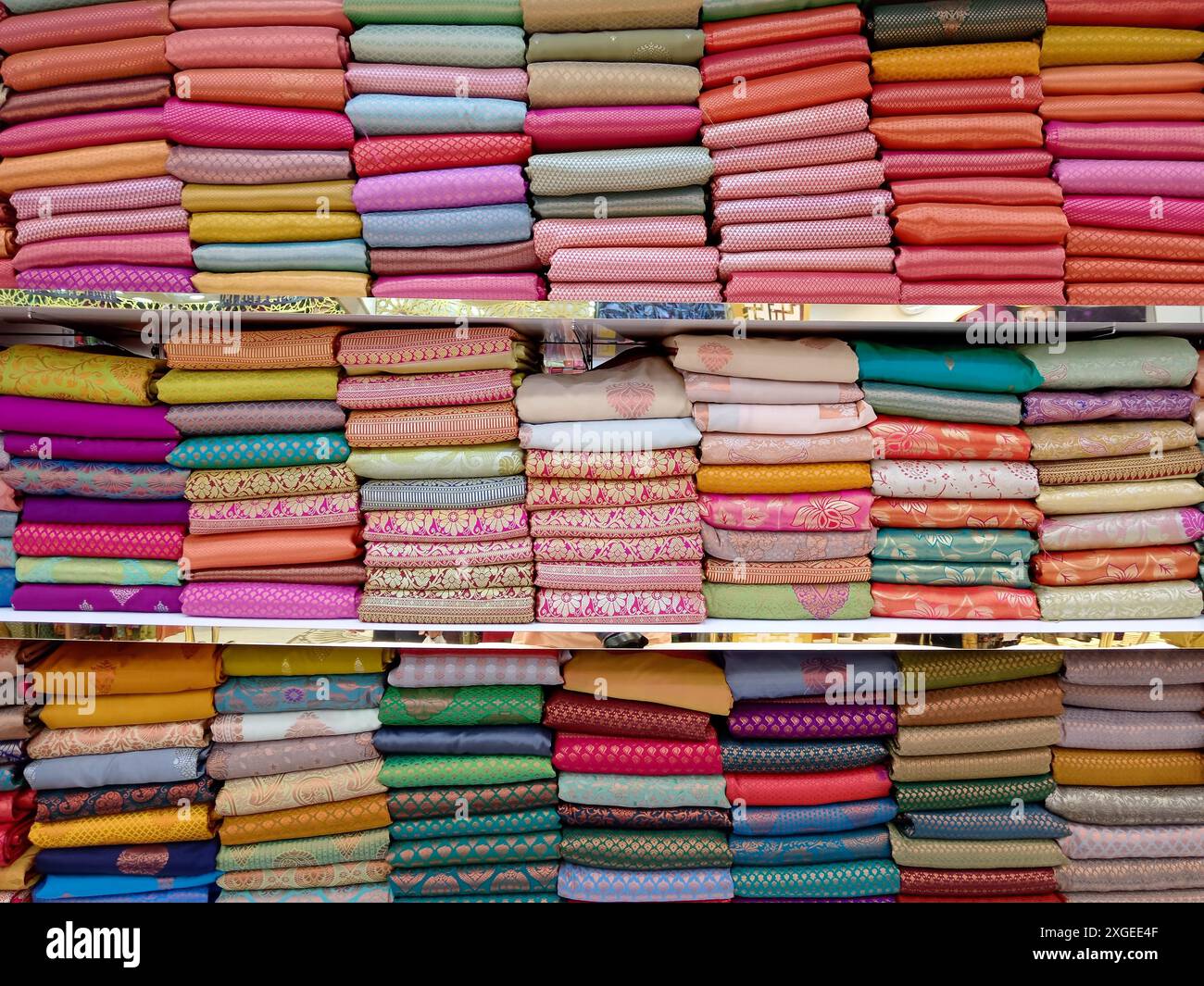 Interior of an Indian silk store with an assortment of Kanchipuram Silk ...