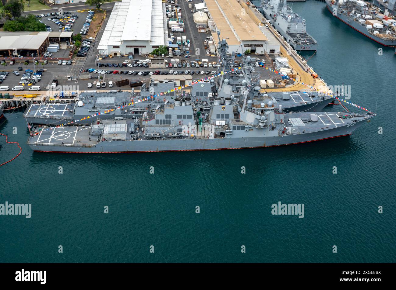 An aerial view of Arleigh Burke-class guided-missile destroyers USS ...