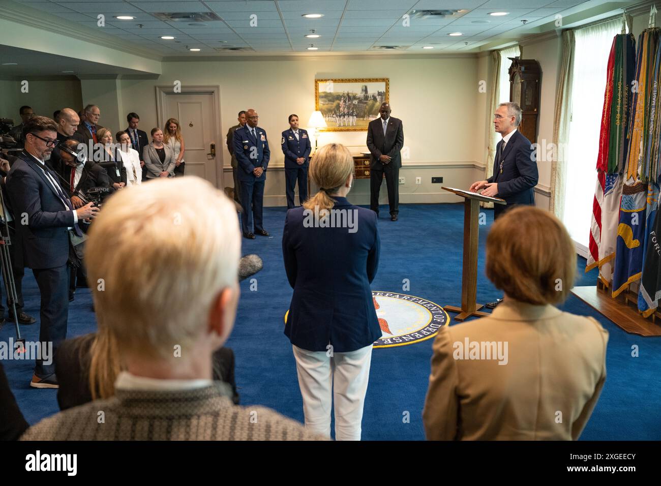 Secretary of Defense Lloyd J. Austin III hosts a ceremony to award NATO Secretary General Jens ...