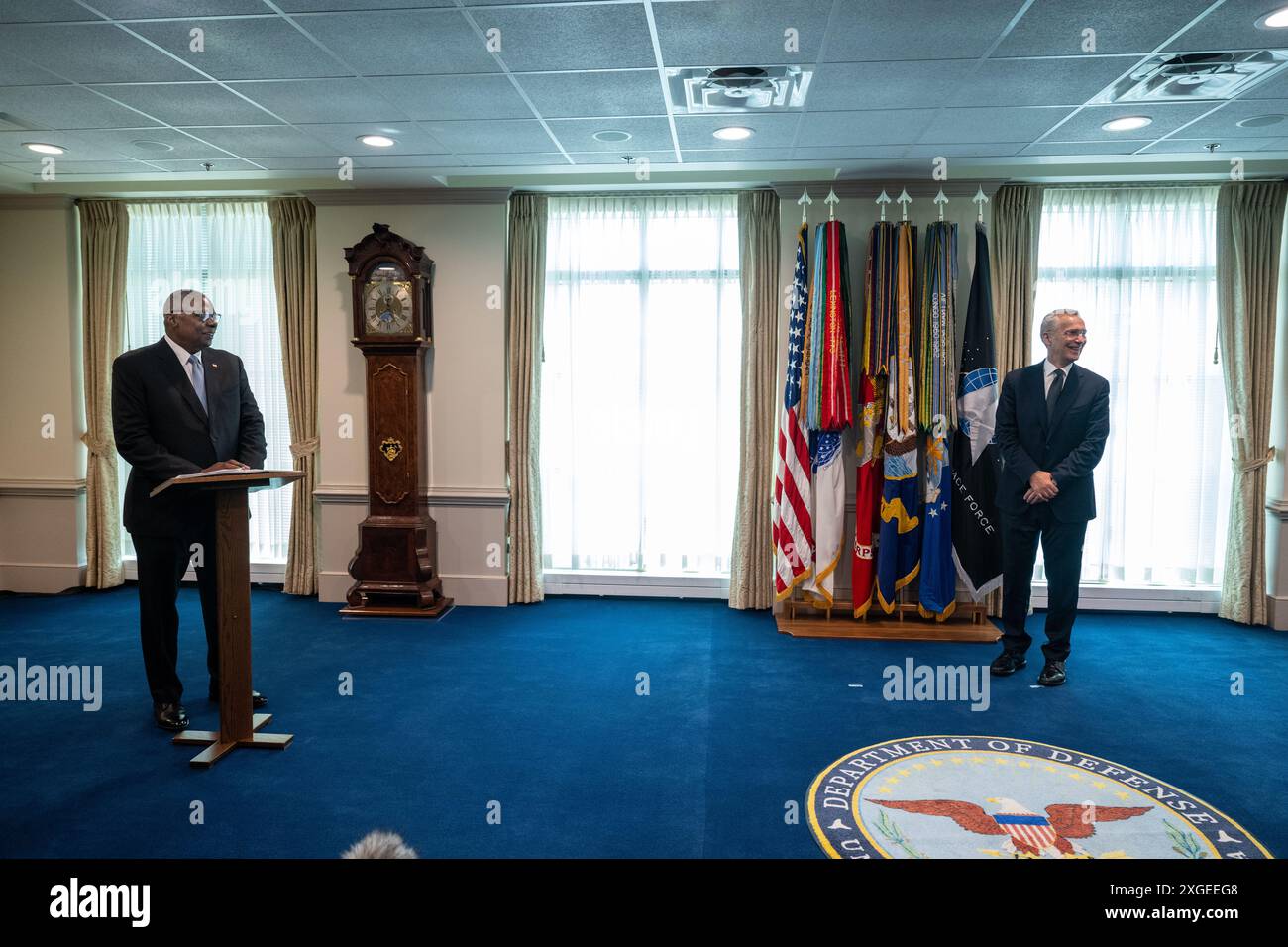Secretary of Defense Lloyd J. Austin III hosts a ceremony to award NATO Secretary General Jens ...