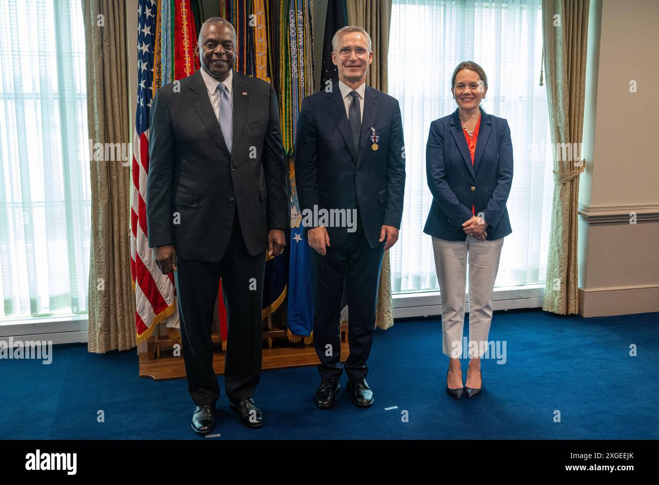 Secretary of Defense Lloyd J. Austin III hosts a ceremony to award NATO Secretary General Jens ...