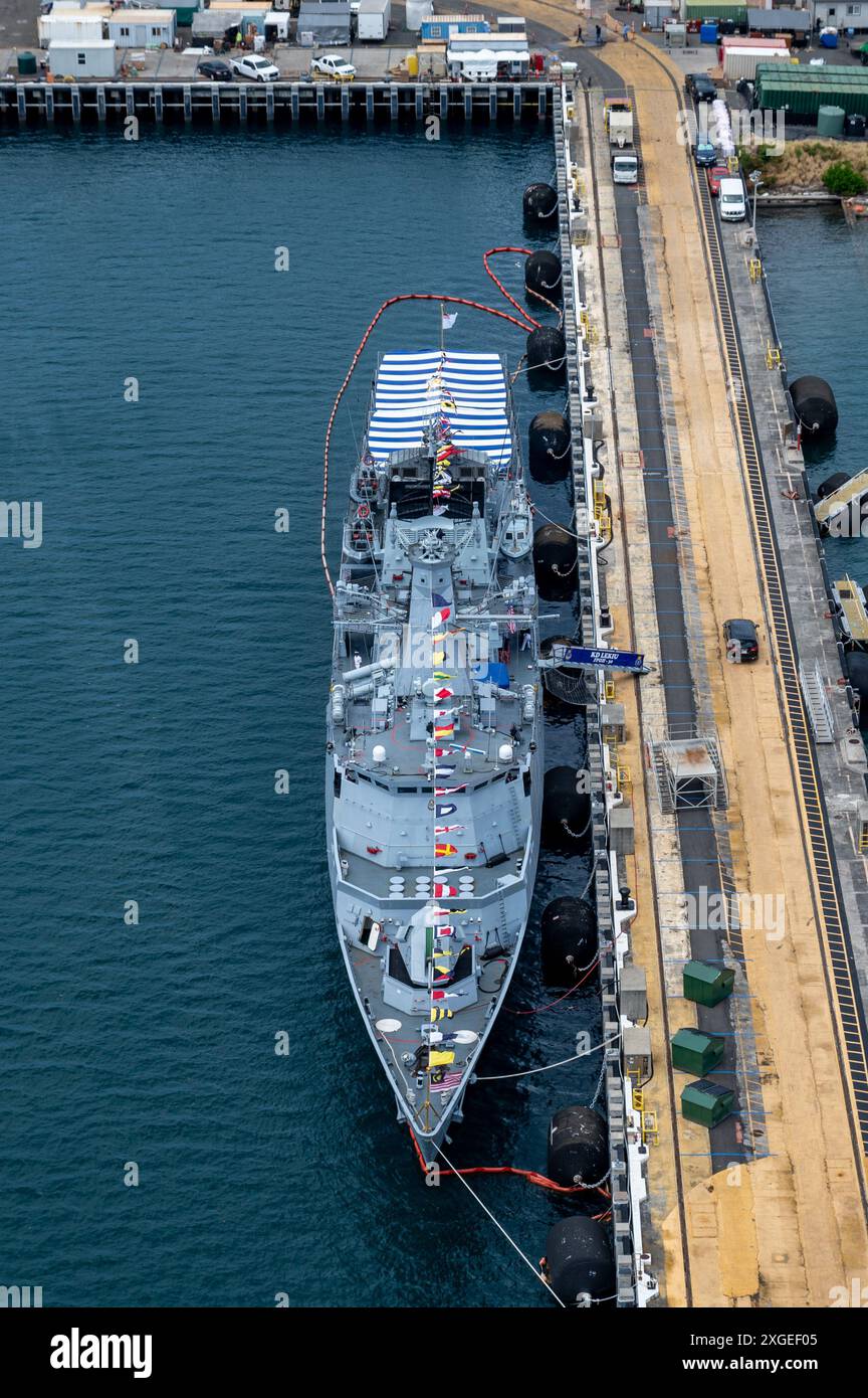 An aerial view of Royal Malaysian Navy guided missile frigate KD Lekiu ...