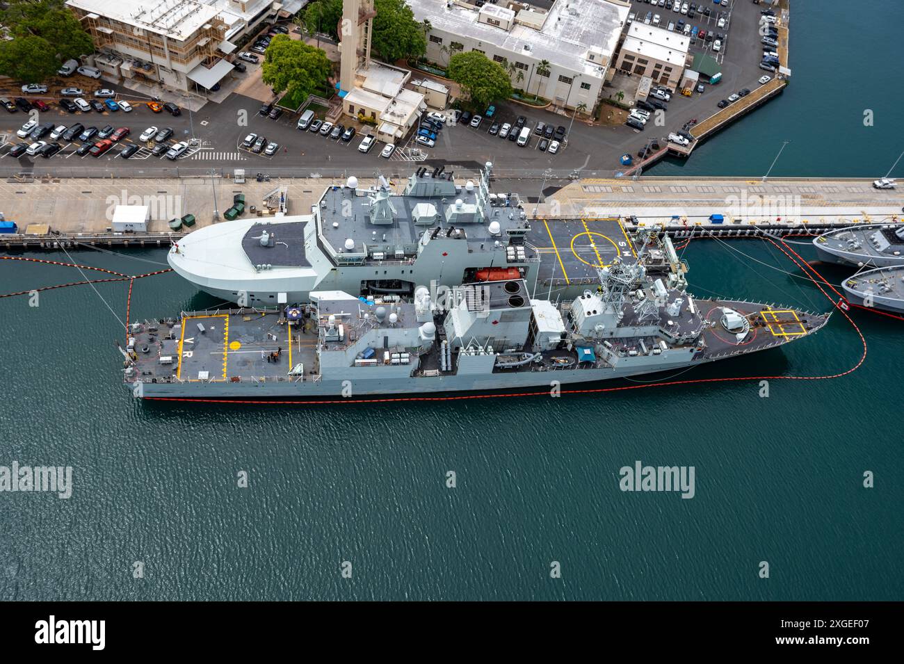 An aerial view of Royal Canadian Navy Halifax-class frigate HMCS Vancouver (FFH 331), front, and ...