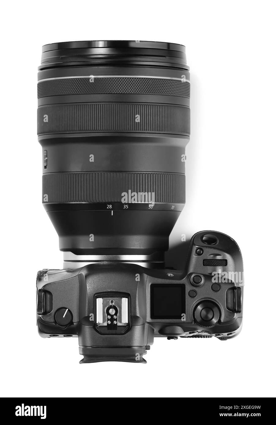 Modern camera isolated on white, top view. Photographer's equipment ...