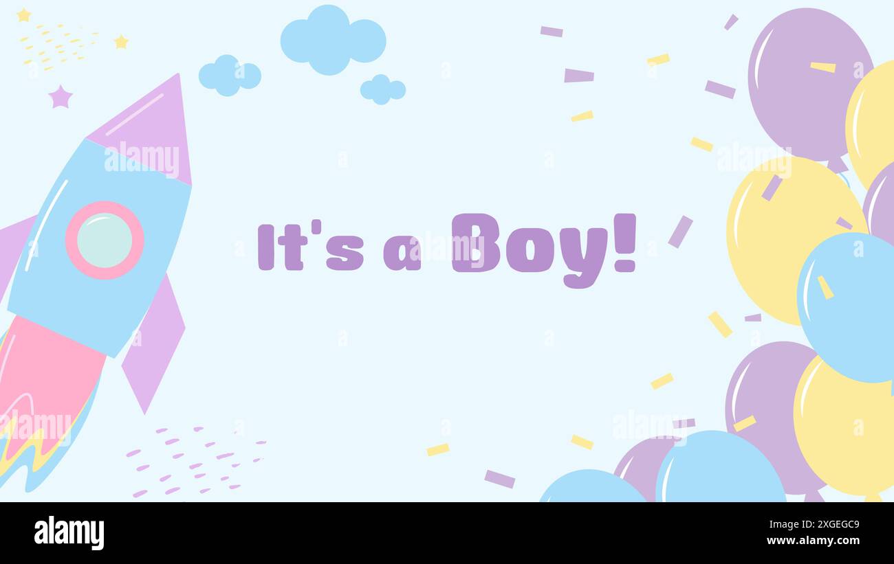Gender party banner postcard boy or girl. Rocket and balloons. Baby ...