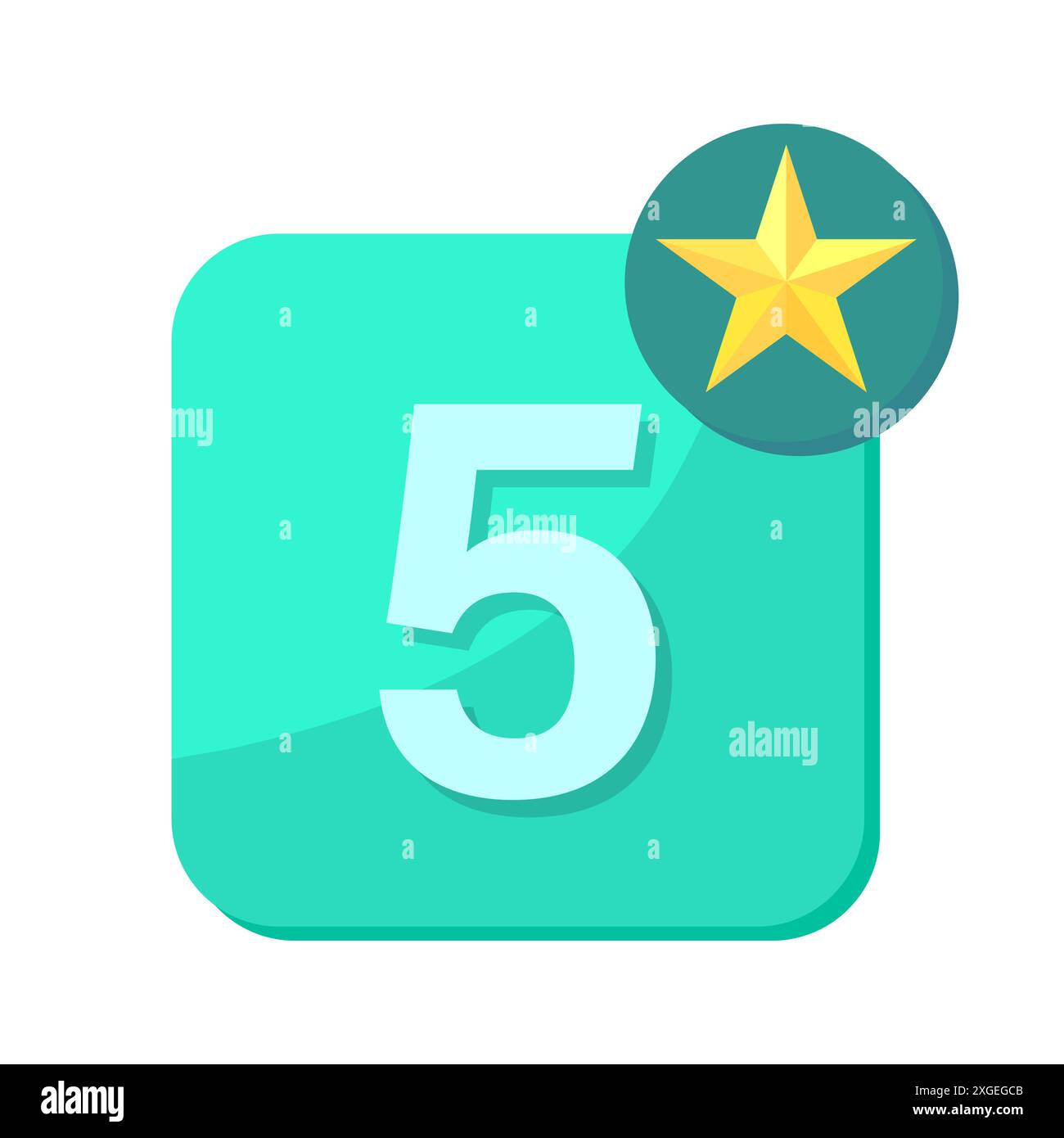 Number five icon. Green square background. Yellow star badge. Vector ...