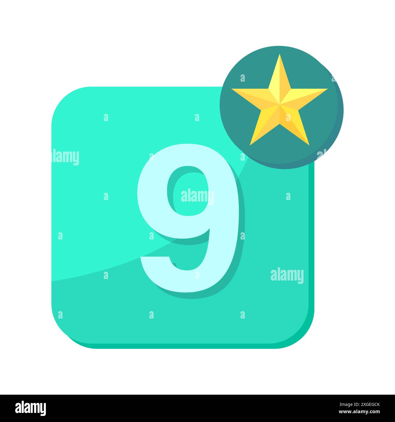 Number nine icon. Green square background. Yellow star badge. Vector ...