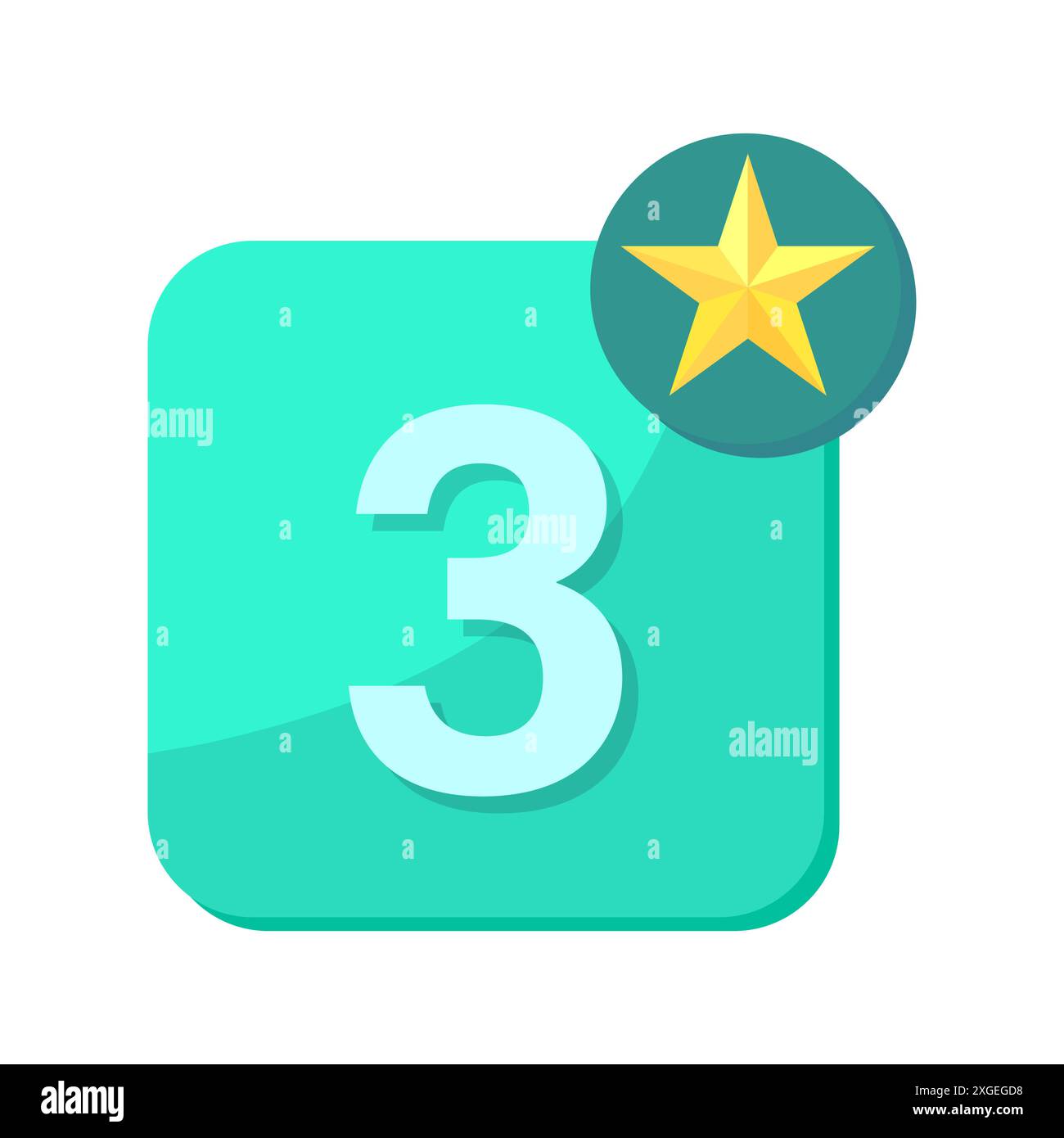 Number three icon. Green square background. Yellow star badge. Vector ...