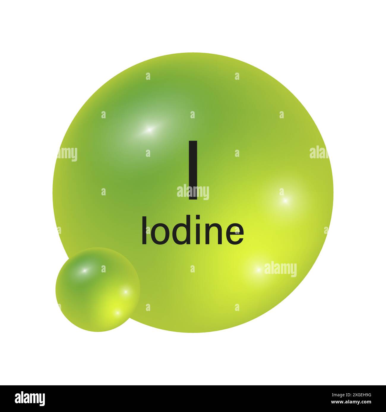 Iodine element symbol. Green glossy spheres. Chemistry concept. Vector ...