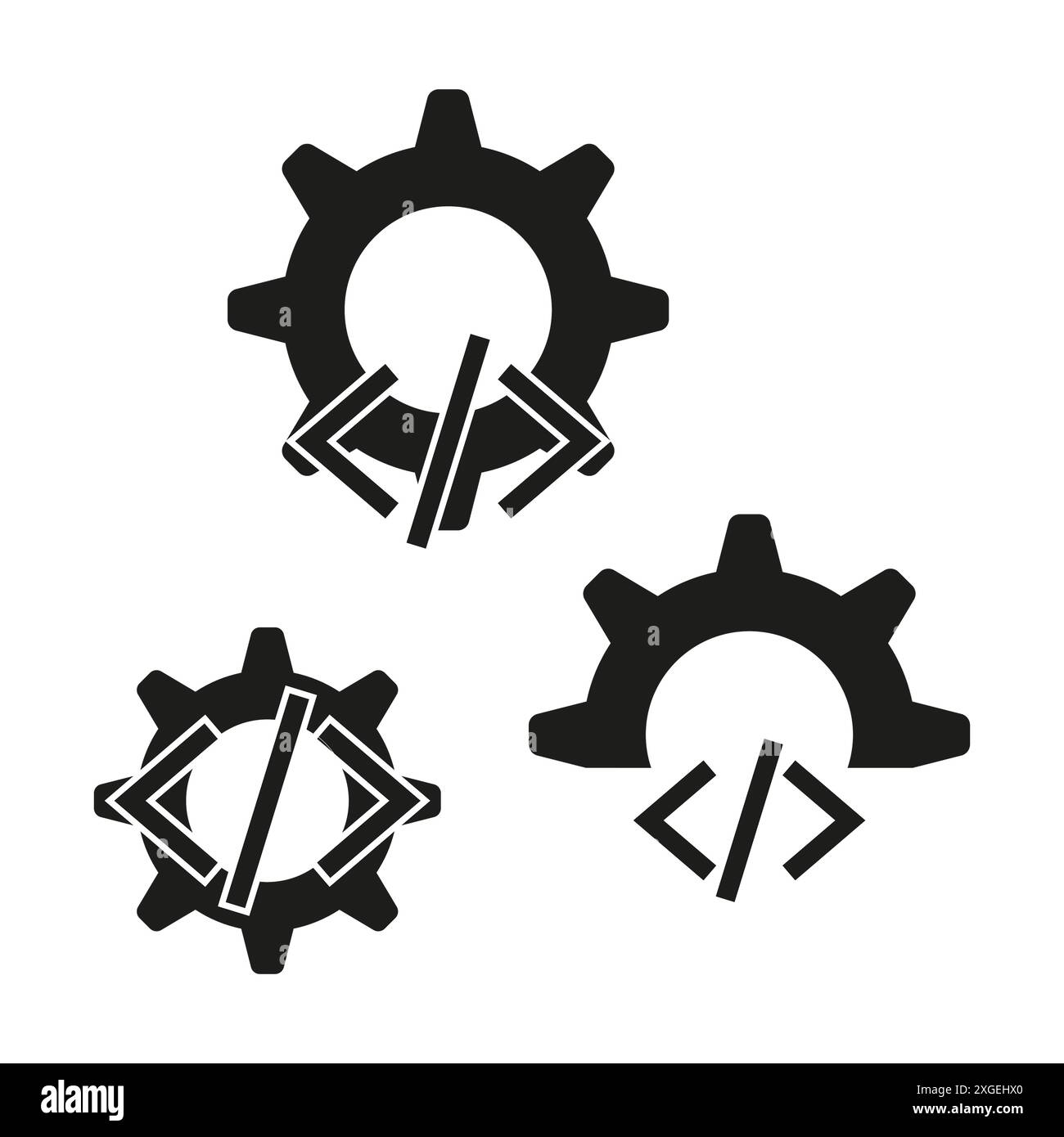 Code gear icons. Programming symbols. Black cogwheel outlines. Vector ...