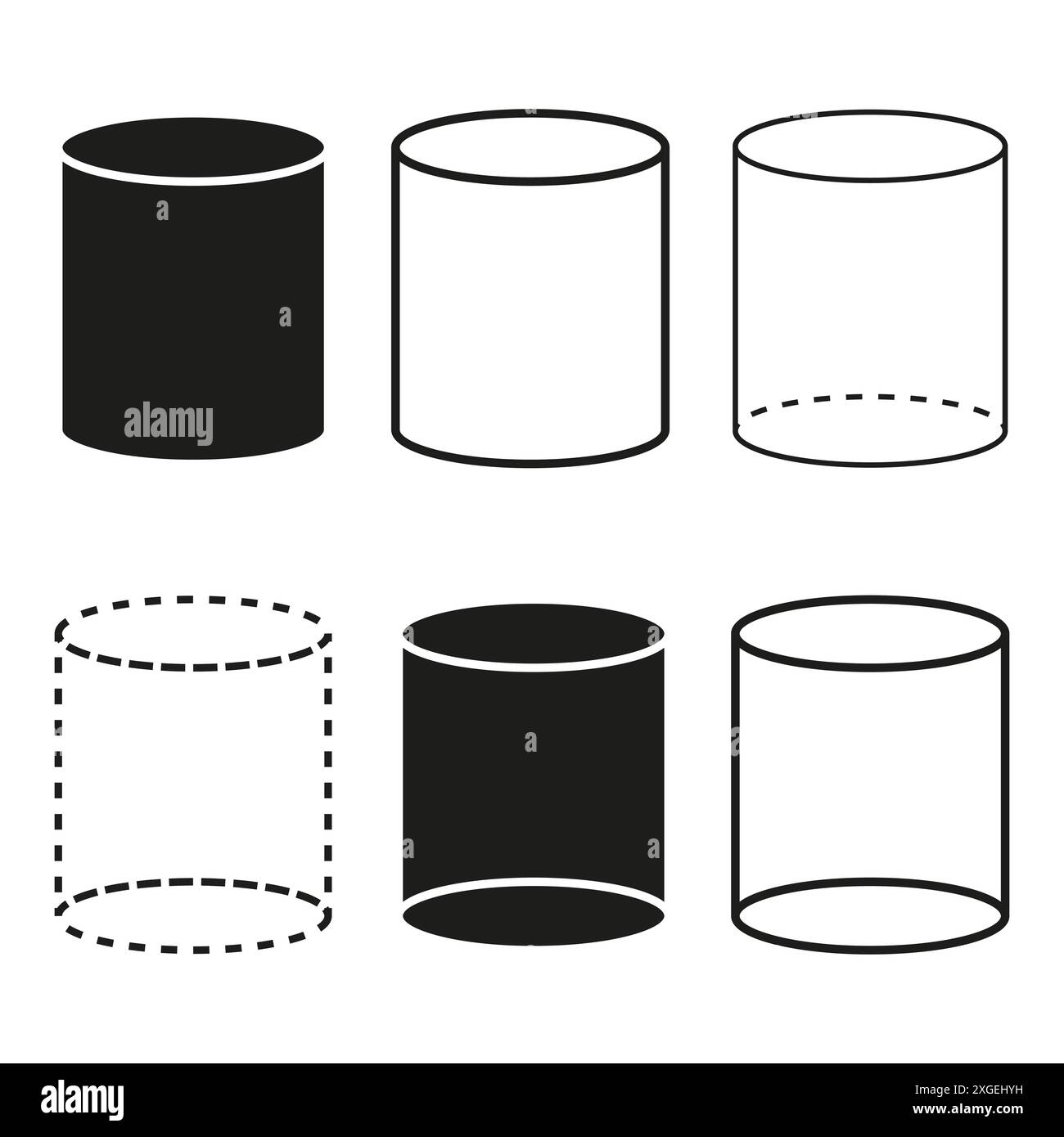 Cylinder shape icons. Different cylinder styles. Geometric vector symbols. Solid and dashed ...