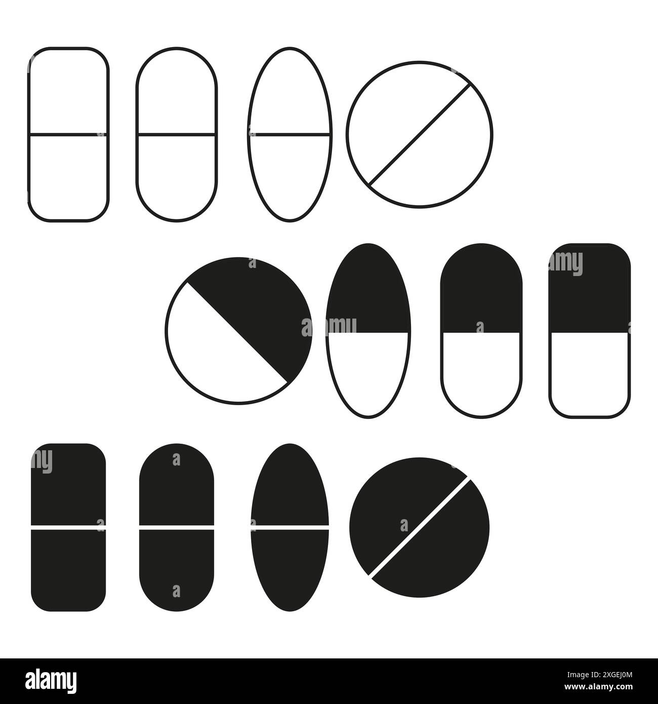 Pills and capsules. Medicine vector icons. Black and white ...