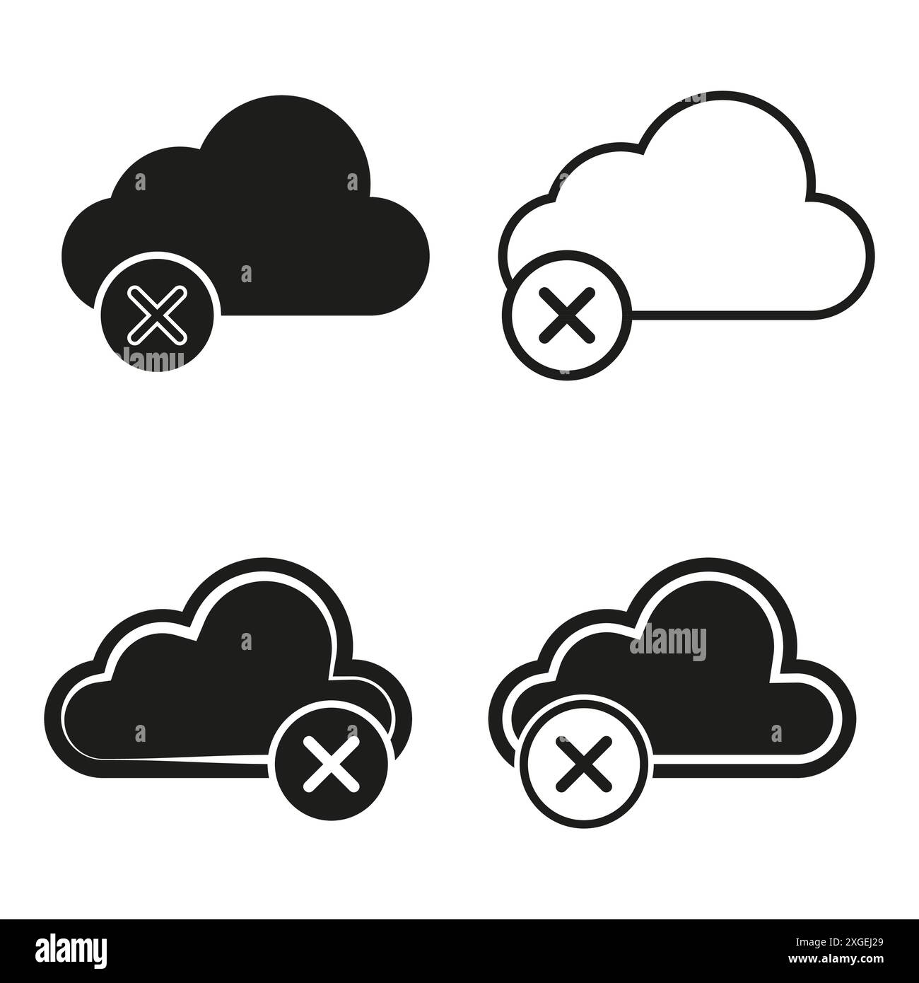 Cloud error icons. Black and white. Cross mark detail. Vector ...