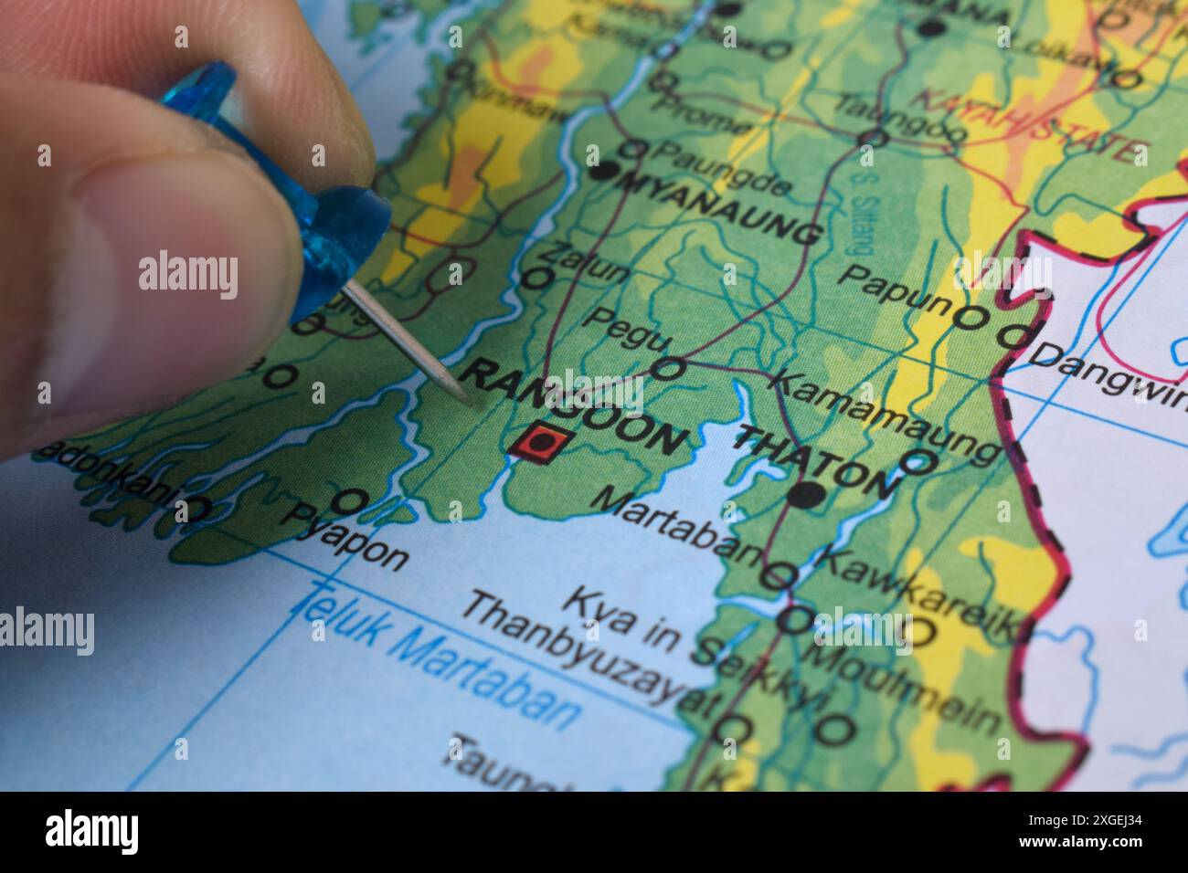 Yangon or Rangoon, Myanmar of the World Map. Close up and selective ...