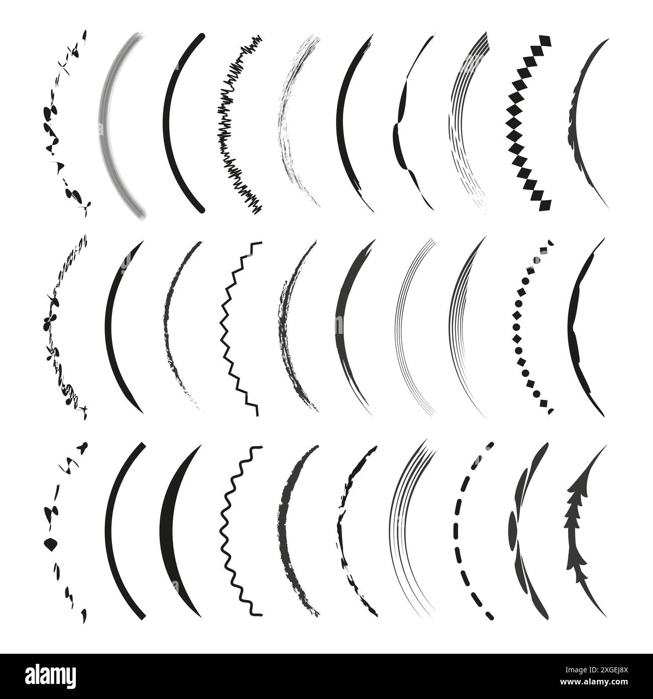 Curved line set. Various stroke styles. Black and white. Design ...